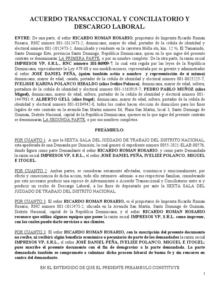 ACUERDO TRANSACCIONAL Y CONCILIATORIO RICARDO ROMAN ROSARIO e IMPRESO ...