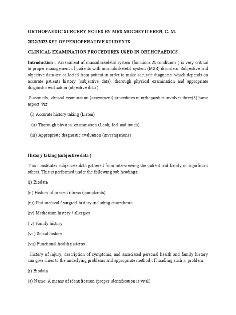 Orthopaedics Clinical Exam | PDF | Physical Examination | Arthritis