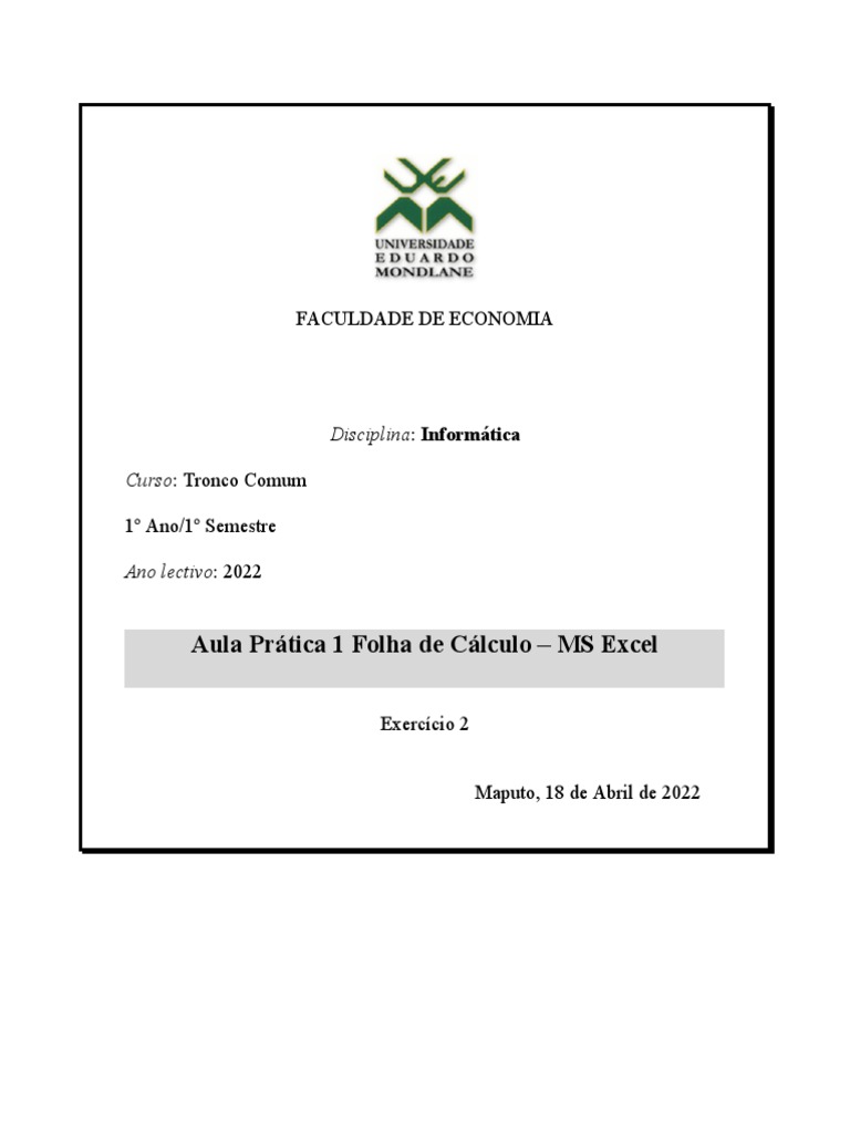Aula Pratica 1.exercicio2 - Excel.2022 | PDF