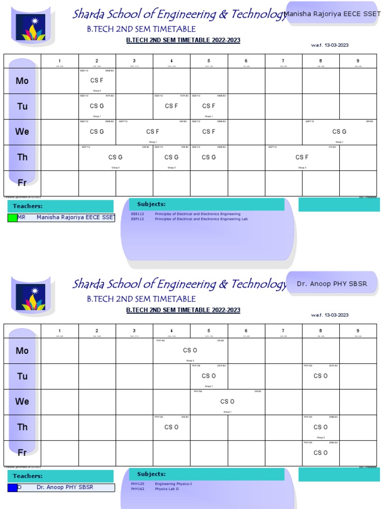 27TH March 2023 Teacher Wise B.tech 2ND Sem Timetable PDF | PDF ...