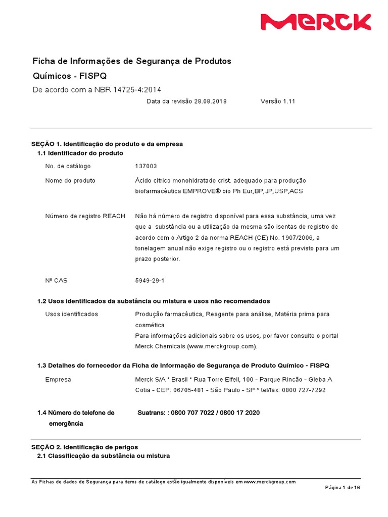 FISPQ Ácido Cítrico PDF | PDF