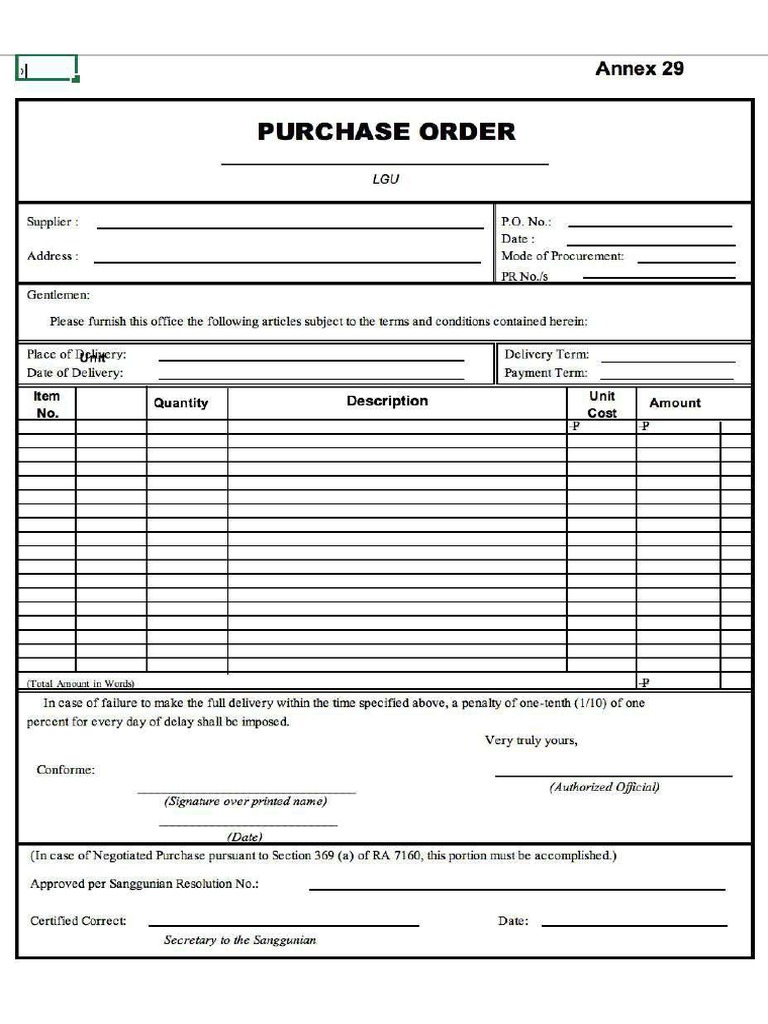 Purchase Order Form (Prescribed) | PDF