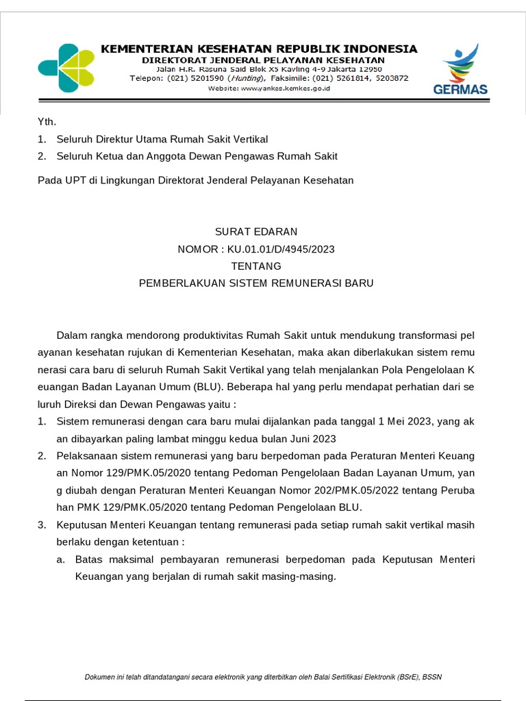 SE Dirjen Remunerasi-Ttd DG PDF | PDF