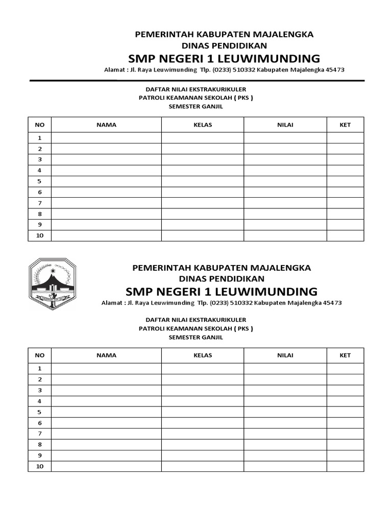 Daftar Nilai Ekstrakurikuler PKS | PDF