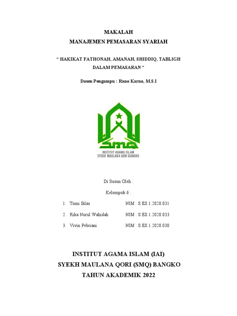 fatonah,amanah, shidiq,tabliq.docx | PDF