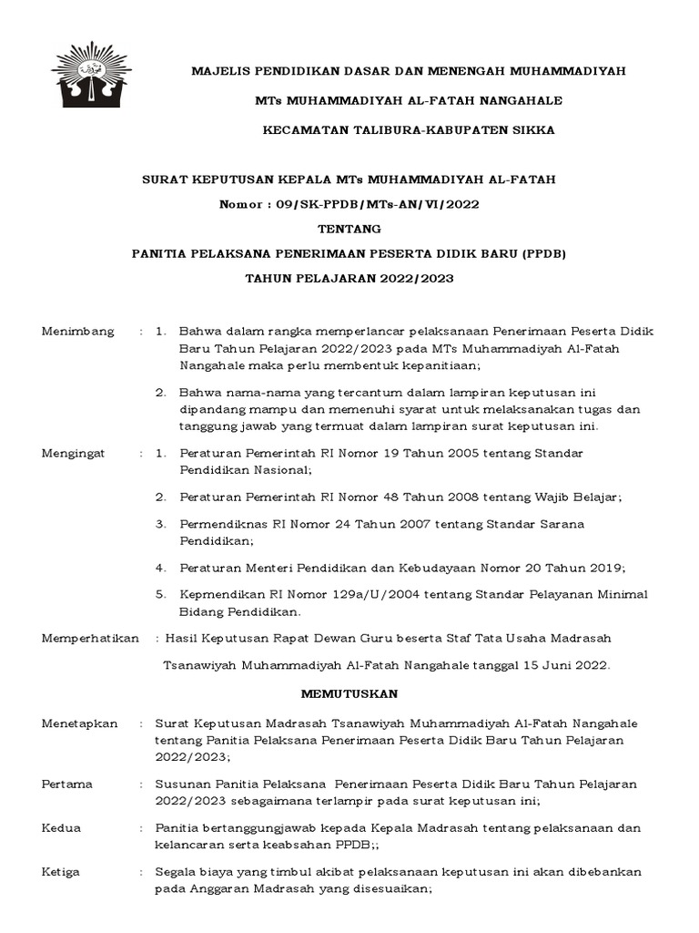 SK Panitia PPDB 2022-2023 | PDF