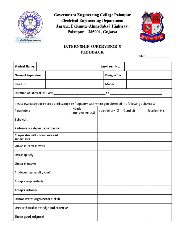 Internship Supervisor Feedback Form | PDF