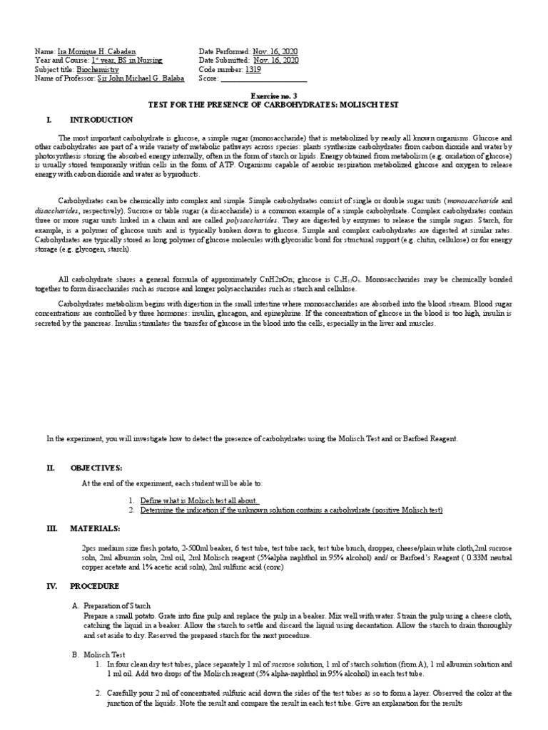 Exp. 3 Test For The Presence of Carbohydrates Molisch Test | PDF