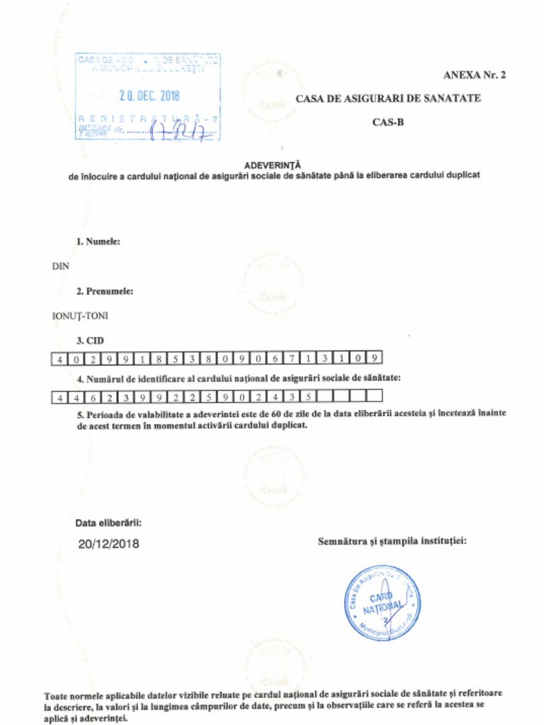 Adeverinta Card Sanatate PDF | PDF