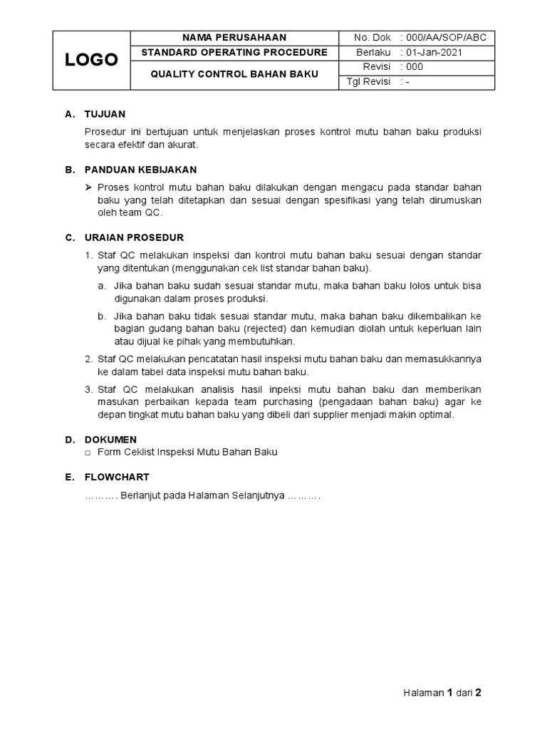 01 - SOP - Quality Control Bahan Baku | PDF