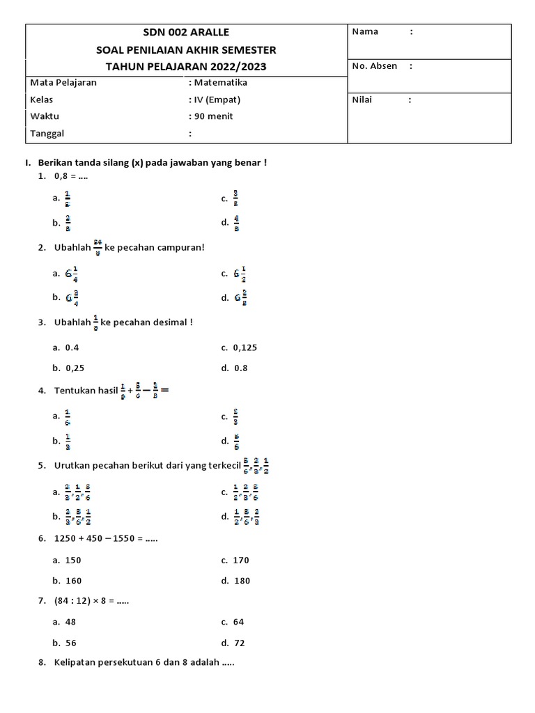 Soal PAS MTK Kelas 4.pdf | PDF