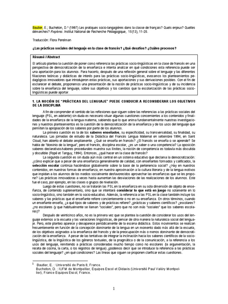 1 Bautier Las Prácticas Sociales Del Lenguaje Pdf Pdf