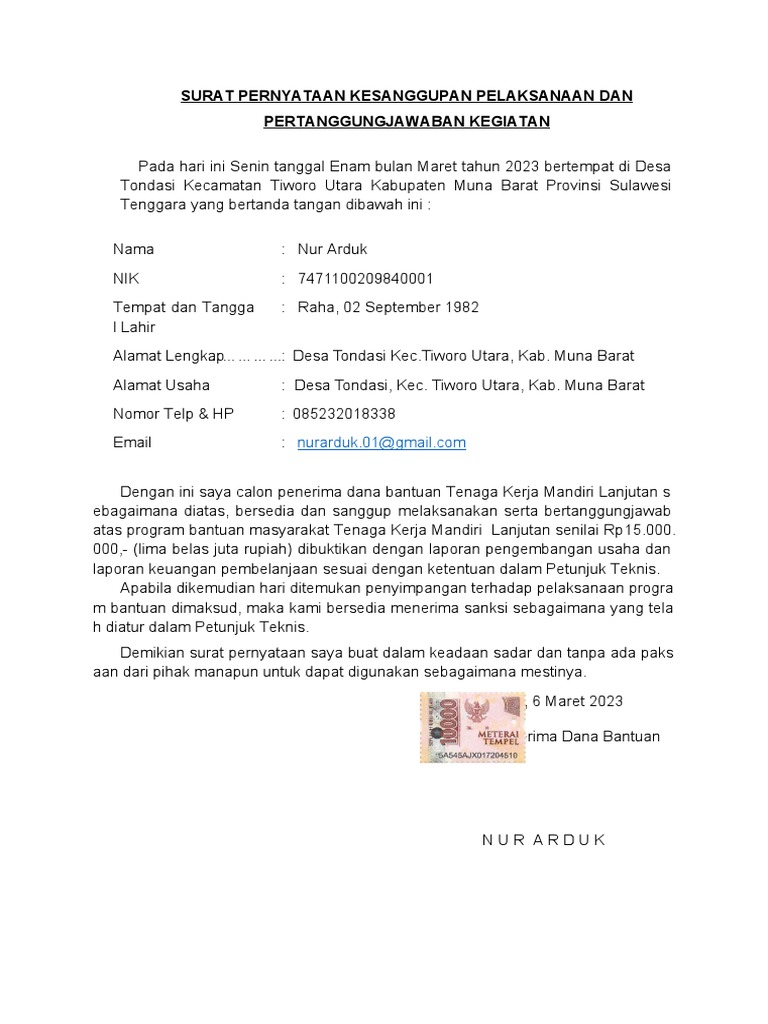 Surat Pernyataan Keanggupan TKML Ta 2023 | PDF