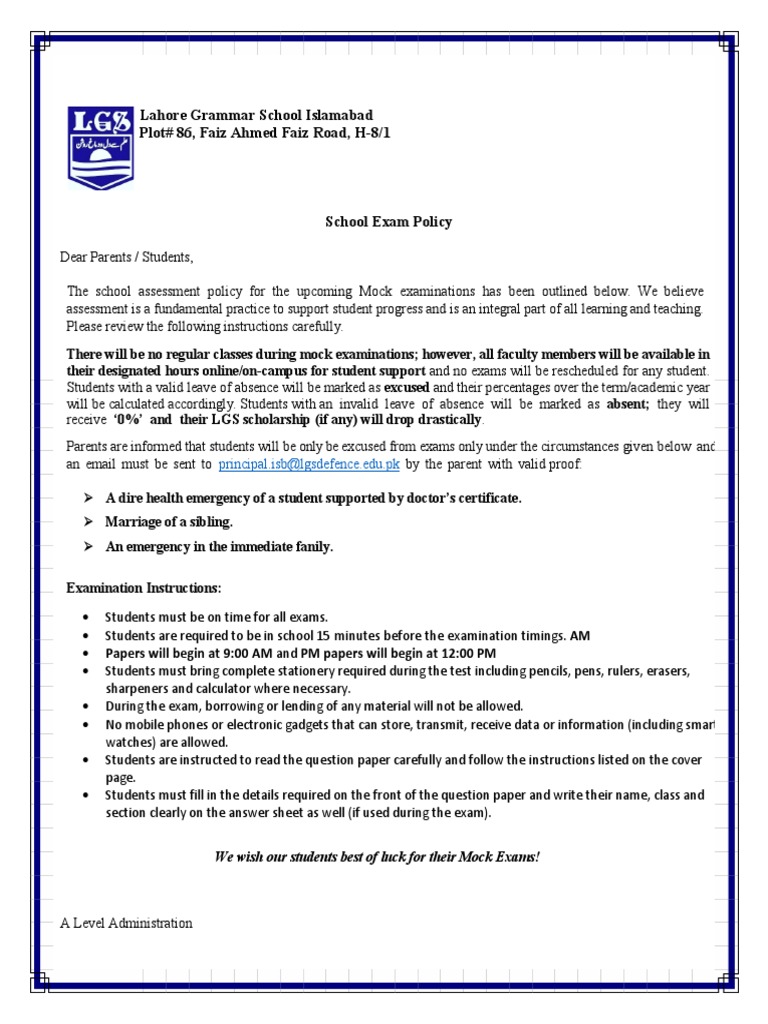 Mock Exam Policy for Parents and Students | PDF