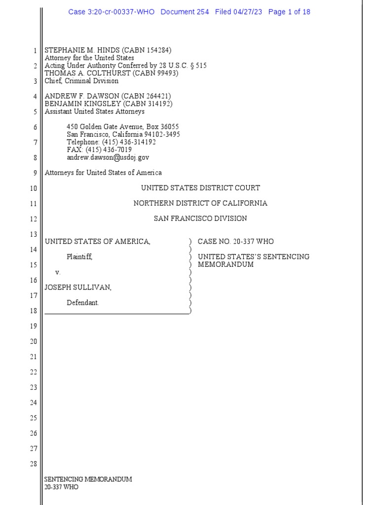 Joseph Sullivan Sentencing Federal Memoranda | PDF