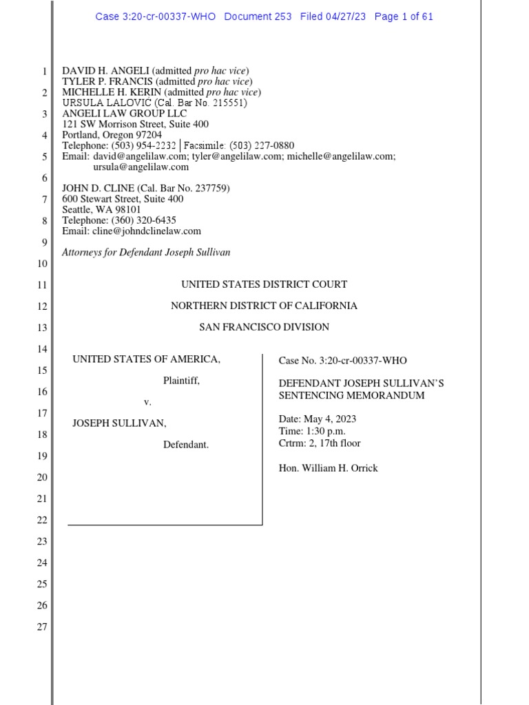 Joseph Sullivan Sentencing Memoranda Sullivan Attorneys | PDF