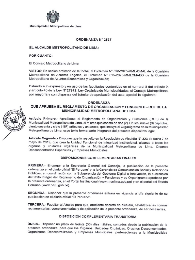 Ord 2537 Rof y Organigrama 2023 PDF | PDF | Gobierno local | Alcalde