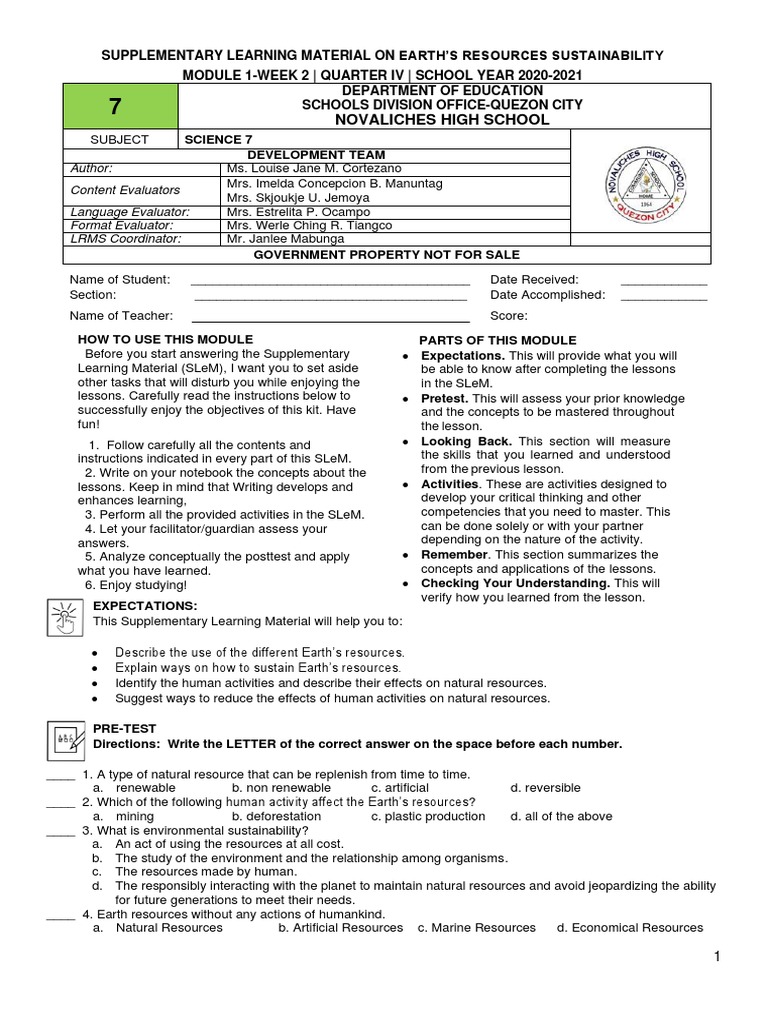 Science 7 - Q4 Slem 2 - Earths Resources PDF | PDF