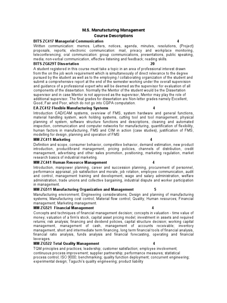 M.S. Manufacturing Management Course Descriptions | PDF