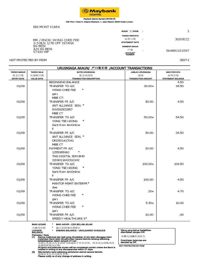 Maybank Islamic Berhad Bank Statement for Account Number 564892151597 ...