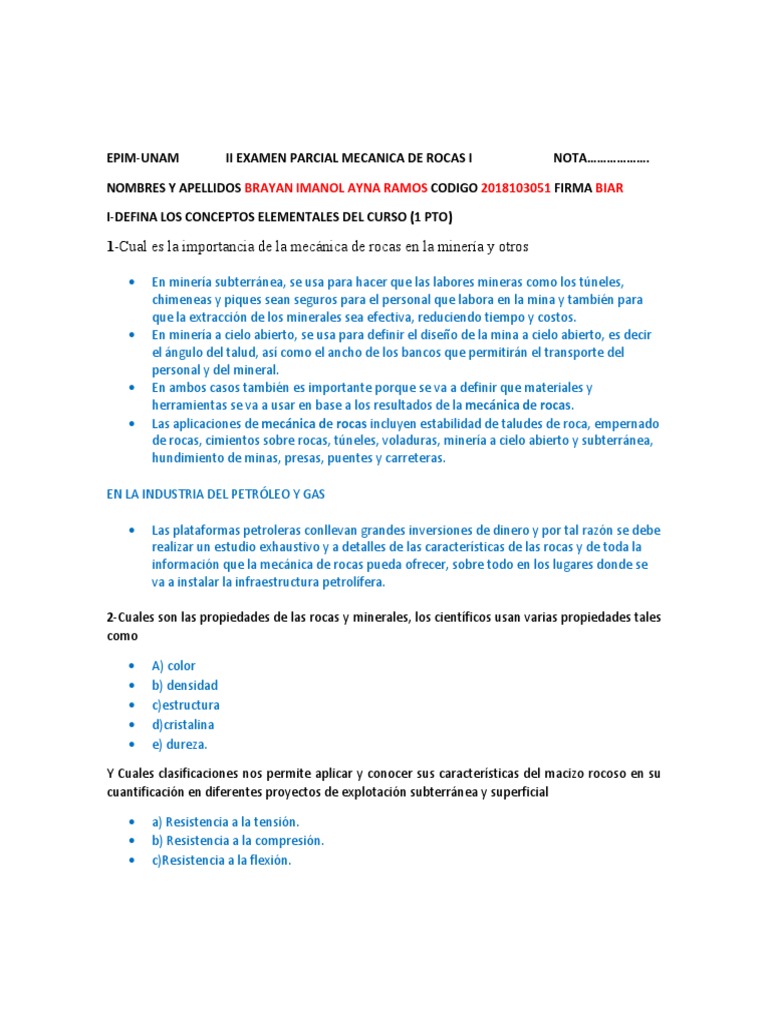 Examen II de Mecanica Rocas I BRAYAN IMANOL AYNA RAMOS | PDF | Minería ...