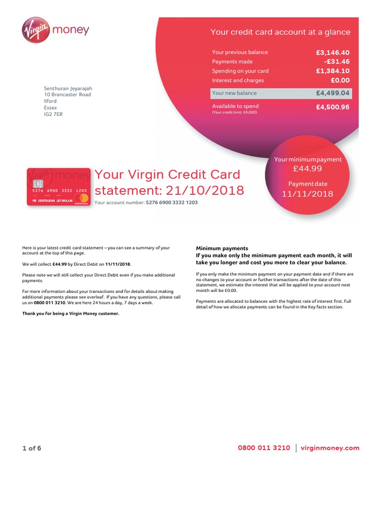 Virgin Money Credit Card Statement | PDF