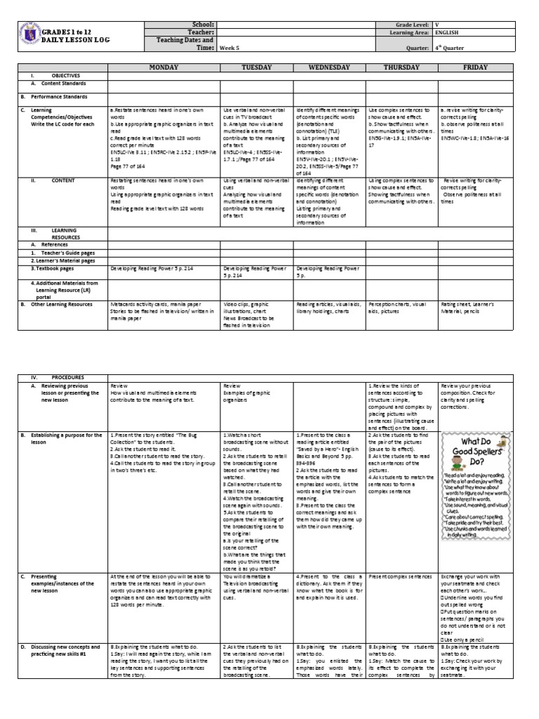 Grade 5 DLL English 5 Q4 Week 5 | PDF