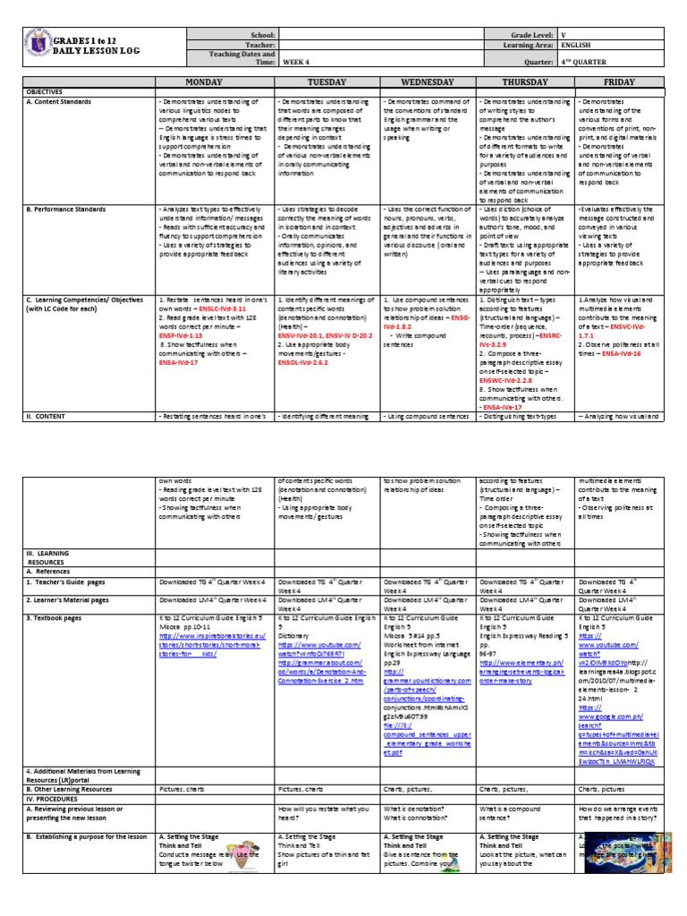 Grade 5 DLL English 5 Q4 Week 4 | PDF | Atmosphere | Planets