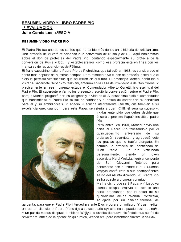 Resumen Video y Libro Padre Pío 1 Evaluación Julio García PDF | PDF | Papa juan pablo ii | María ...