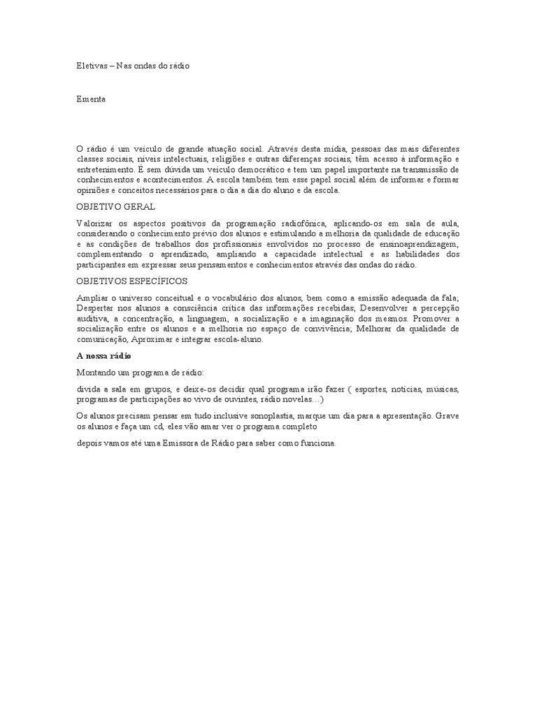 Ementa Eletiva Nas Ondas Do Radio - Cris | PDF