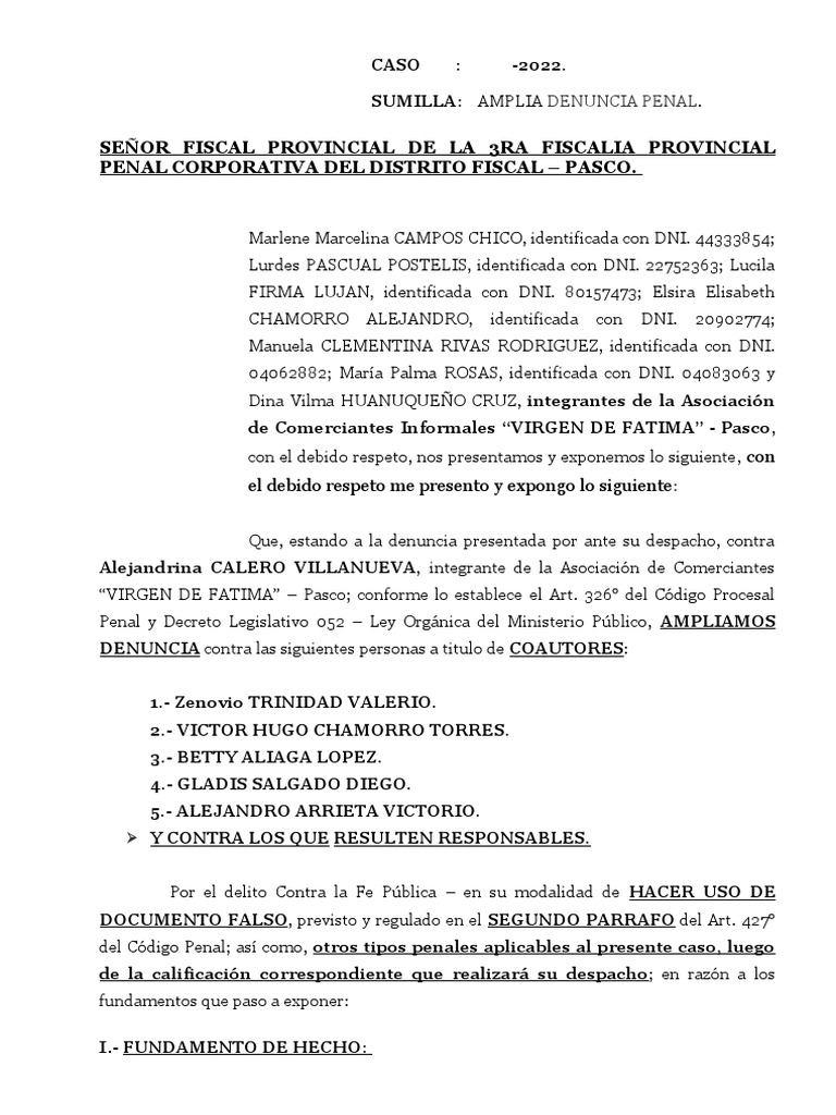 AMPLIA DENUNCIA PENAL CASO MERCADO VIRGEN DE FATIMA.docx | PDF