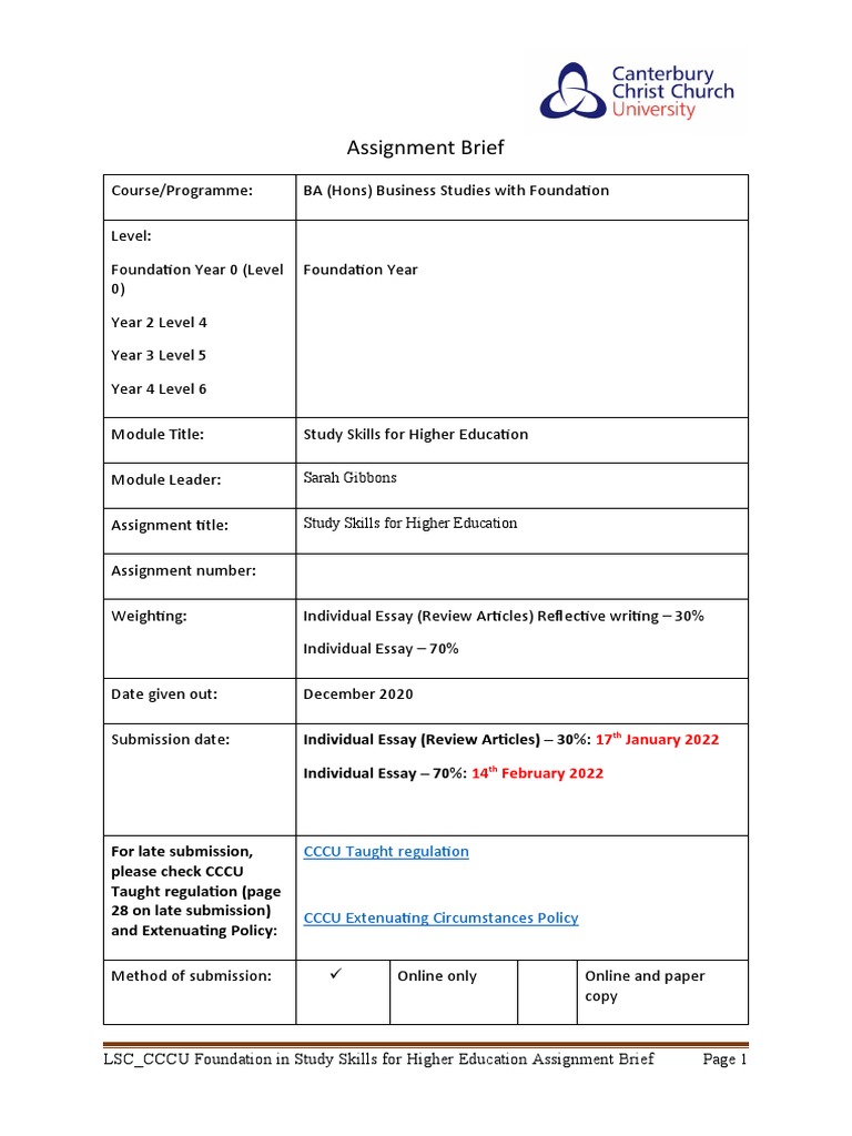 CCCU BABSFY L0 T1 Study Skills For Higher Education Assignment 1 and 2 Nov - Feb 2022 | PDF ...