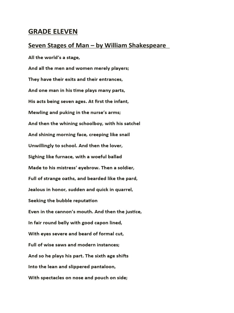 Grade Eleven: Seven Stages of Man - by William Shakespeare | PDF