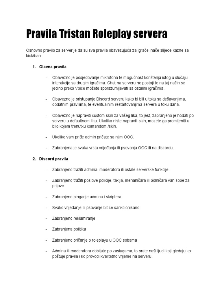 Pravila Tristan Roleplay servera | PDF