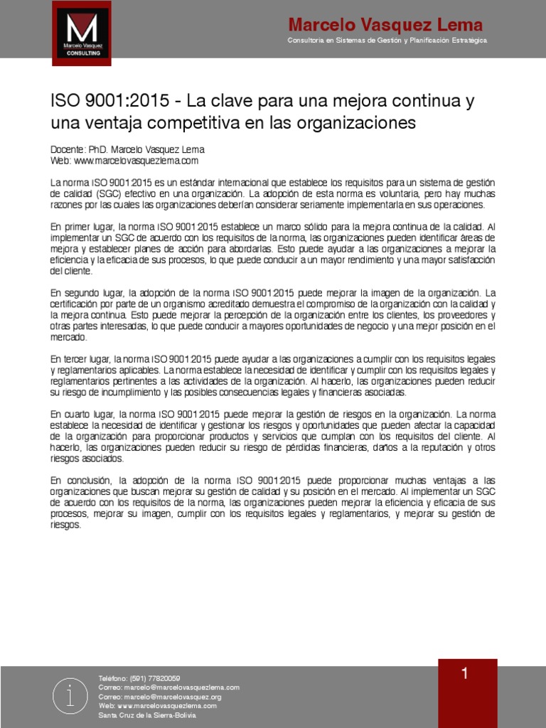 2023 Artículo ISO 9001 - La Clave para La Mejora Continua PDF | PDF