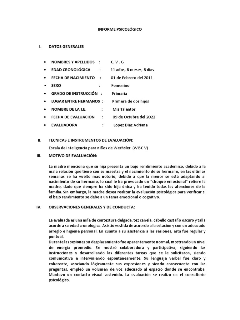 Informe Psicológico Wisc V Final PDF | PDF