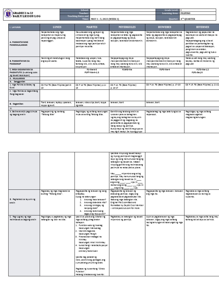 DLL - Filipino 1 - Q4 - W1 | PDF
