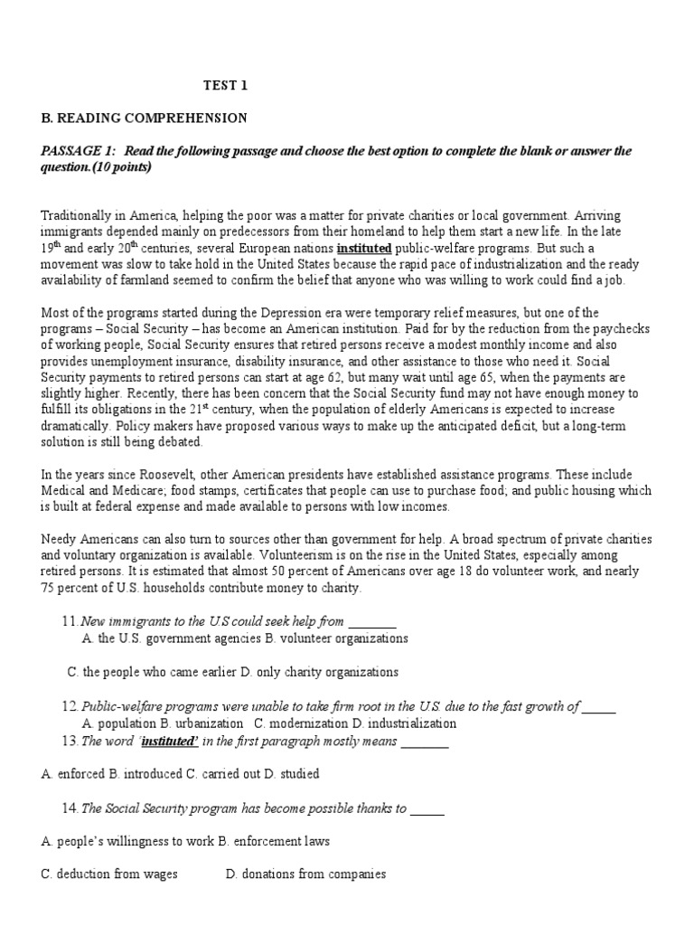 PASSAGE 1: Read The Following Passage and Choose The Best Option To ...