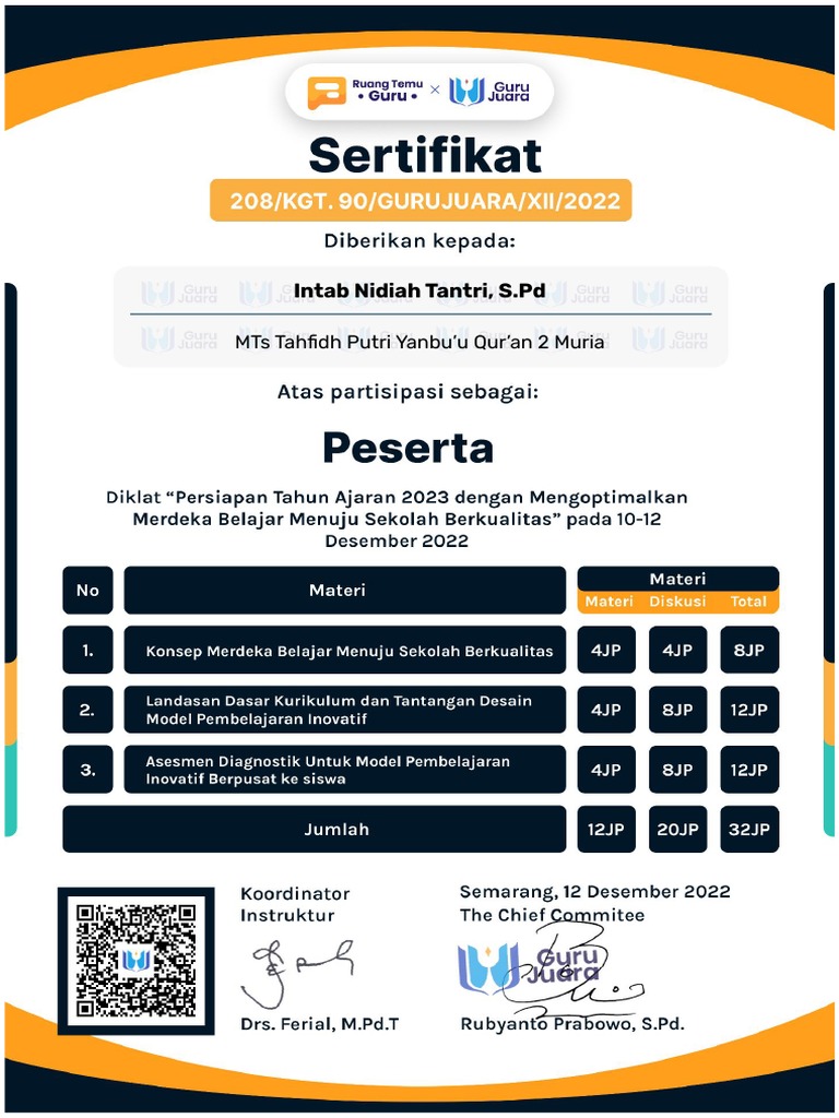 Intab Nidiah Tantri, S.PD Sertifikat 32jp Persiapan Tahun Ajaran 2023 PDF | PDF