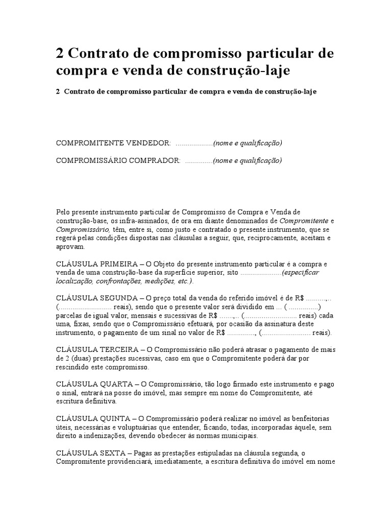Contrato De Compromisso Particular De Compra E Venda De Construção Laje