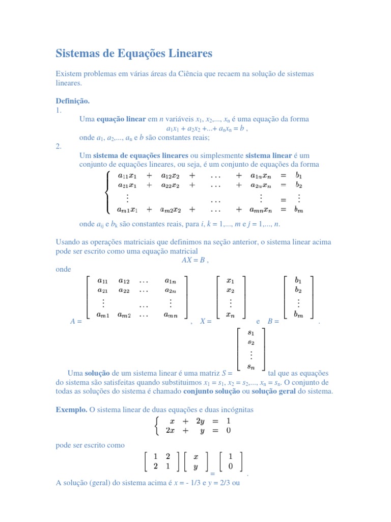 Sistemas de Equações Lineares | PDF | Matriz (Matemática) | Sistema de ...