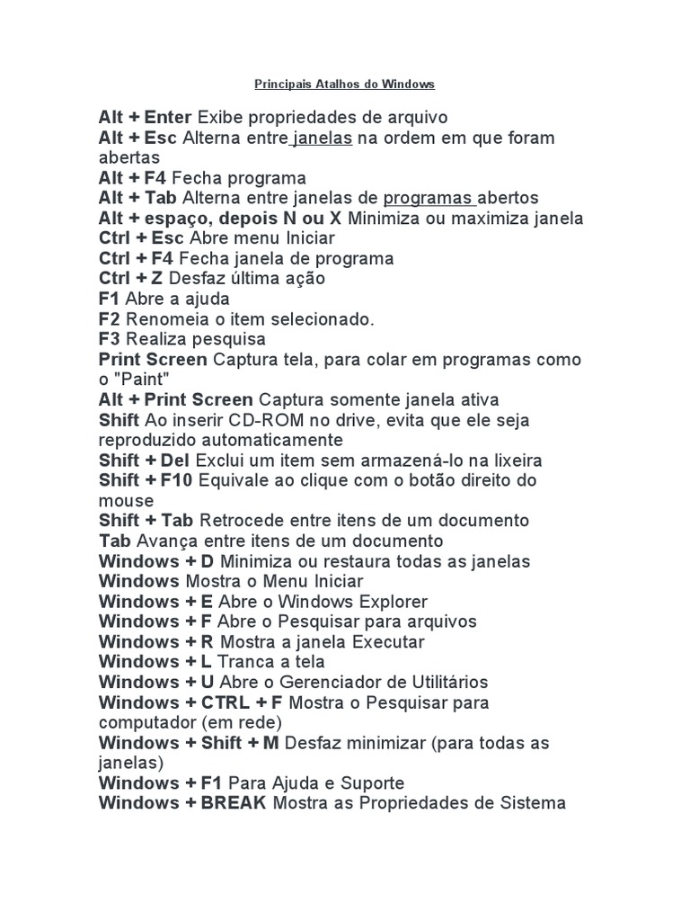 Principais Atalhos Do Windows Pdf