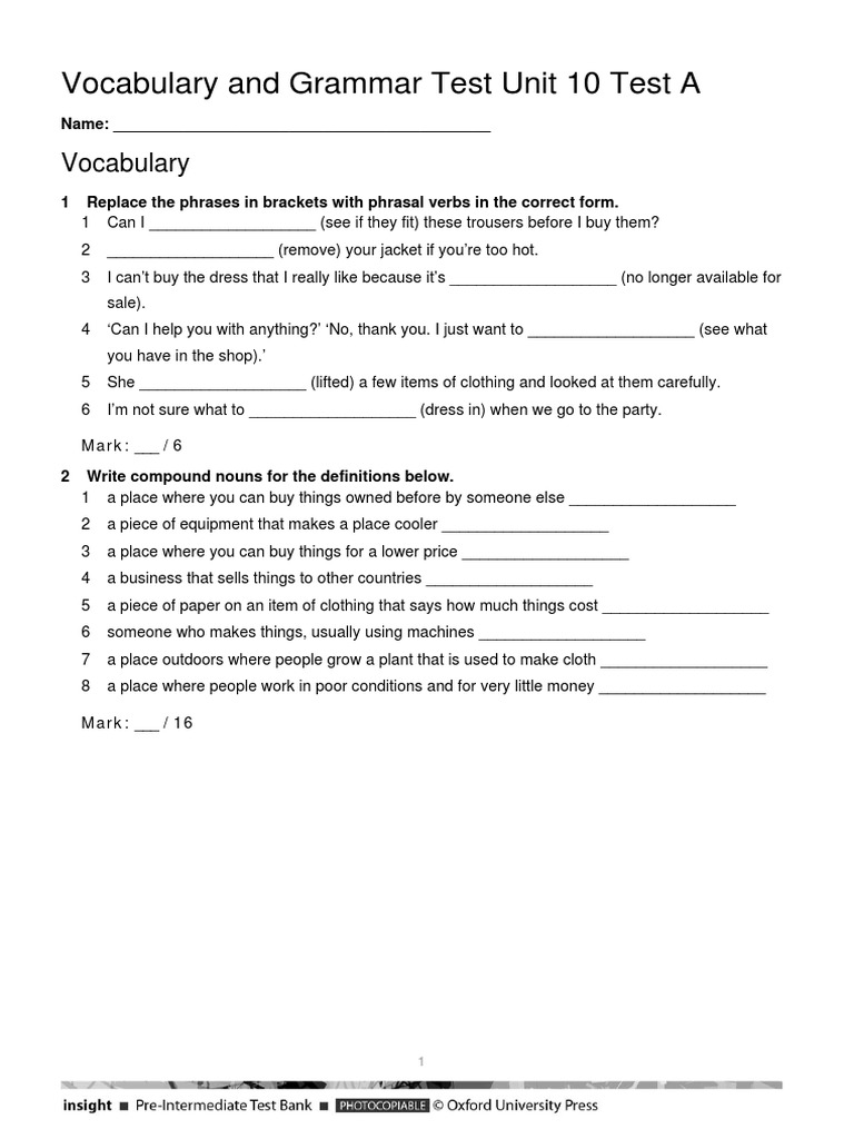 Vocabulary + Grammar Unit 10 Test A | PDF