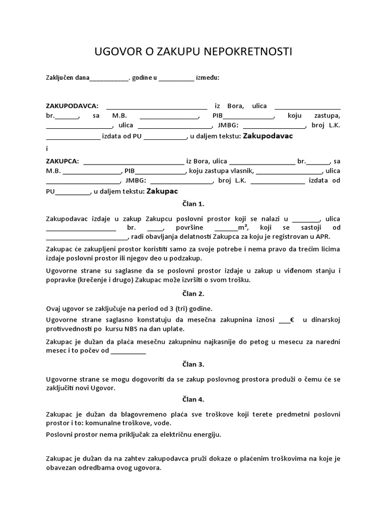 ДАН UGOVOR O ZAKUPU NEPOKRETNOSTI | PDF