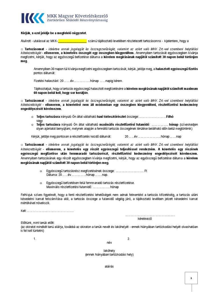 Egyedi Kérelem Ingatlan Fedezetes Követelések Részletfizetési ...