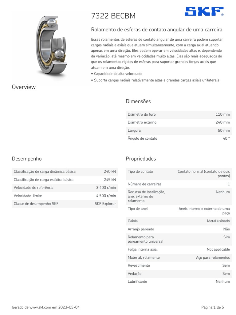 Rolamento 7322 BECBM: Especificações Técnicas | PDF | Software de ...
