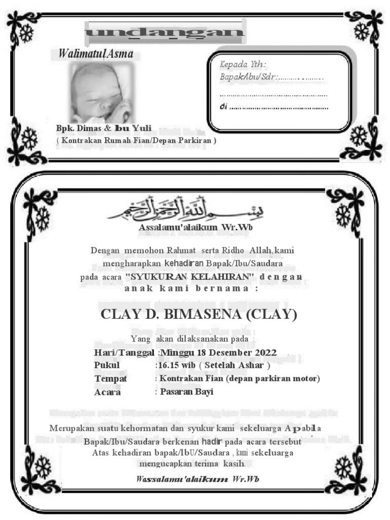 Contoh Undangan Syukuran Kelahiran Bayi | PDF