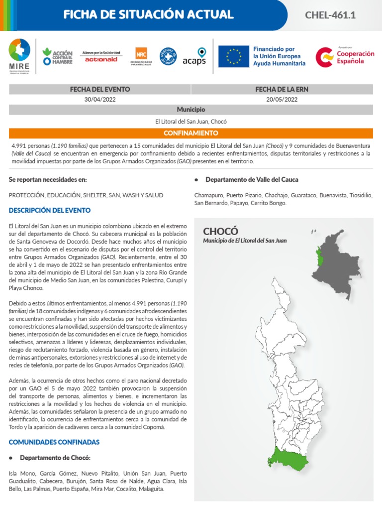 Colombia - Ficha de Situación Actual, El Litoral Del San Juan, Chocó - MIRE (30 de Abril 2022 ...