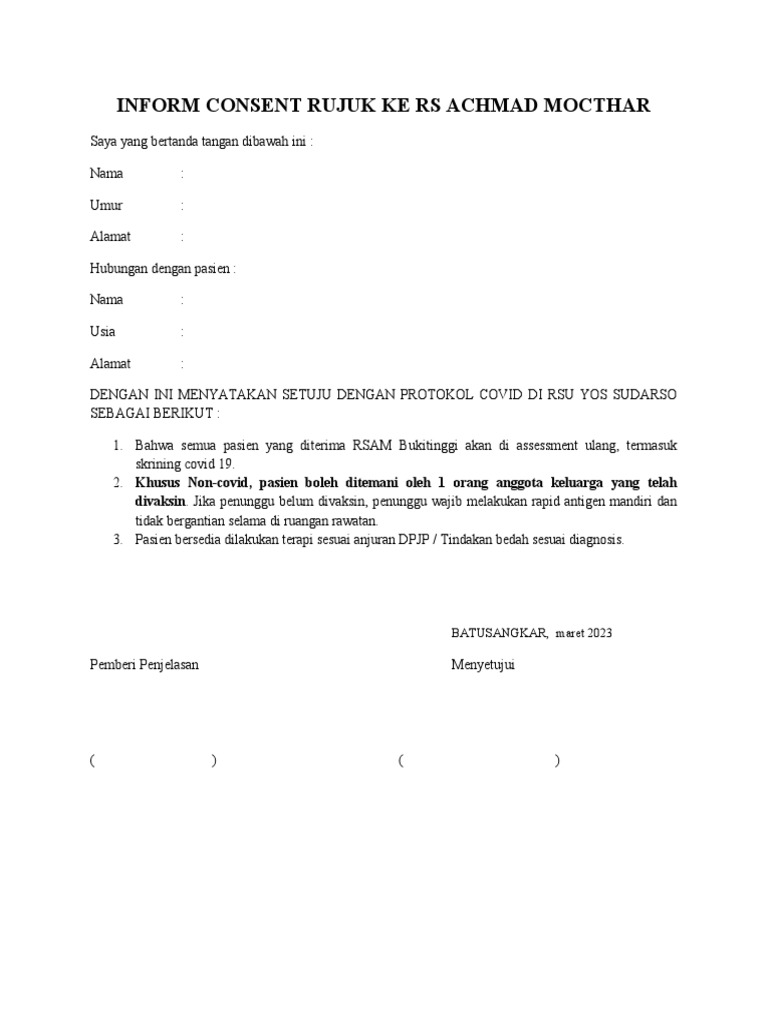 INFORM CONSENT RUJUK Pasien Non Covid KE RSAM BUKITTINGGI | PDF