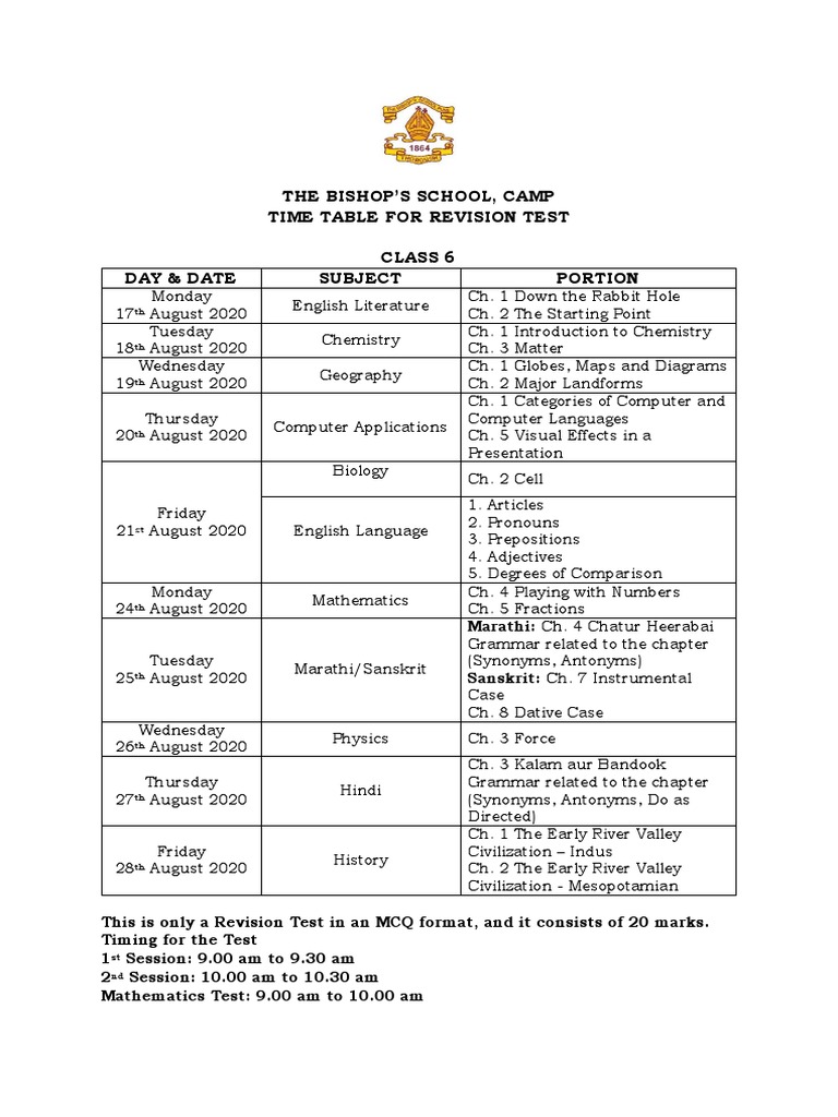 12082020110613timetable and Syllabus For Revison Test Class 6 | PDF